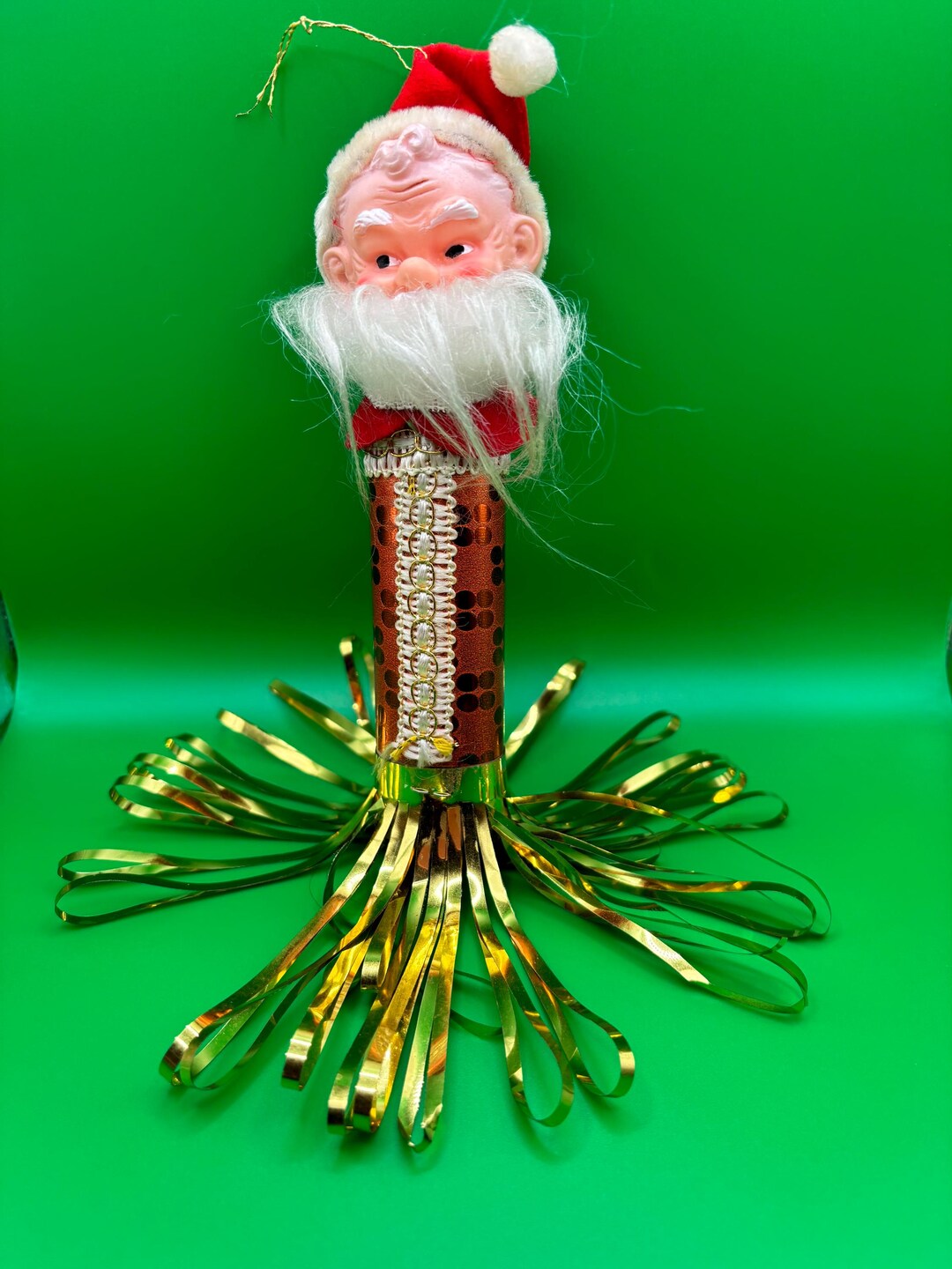 Vintage Felt Santa Tree Topper Table Topper W/ Cascading Gold Tinsel ...