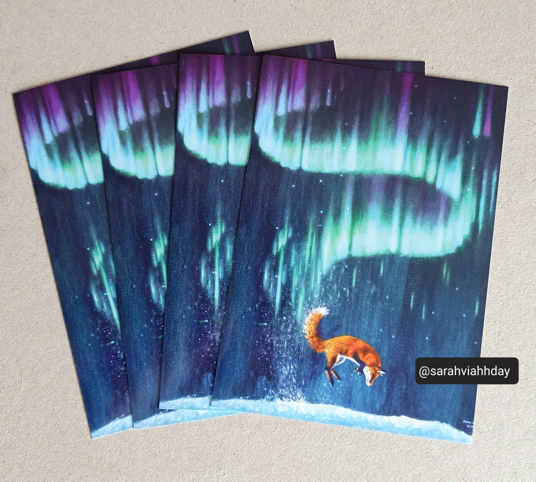 1x Blank Fox Postcard Firefox Revontulet Northern Lights Aurora ...