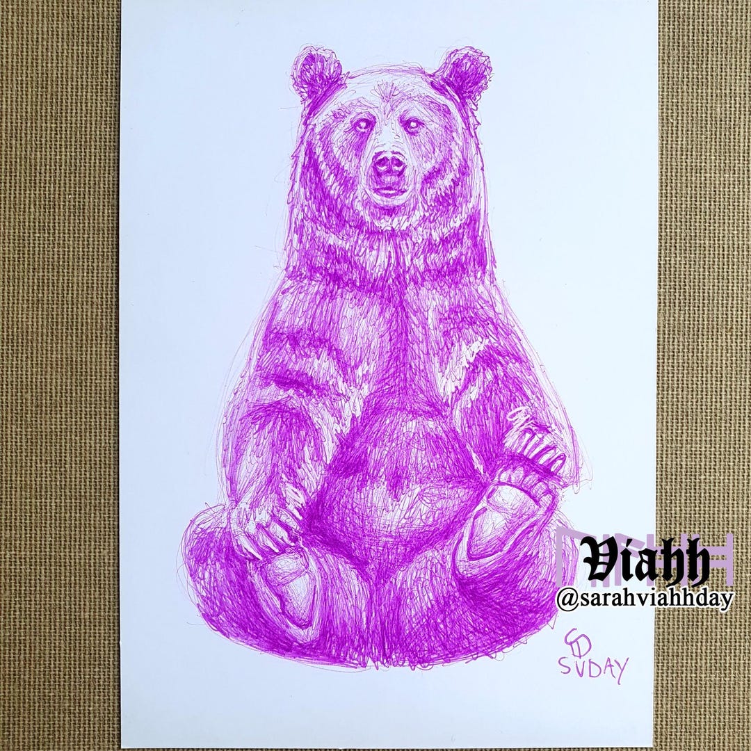 Original Pink Bear Ink Drawing on Northern Lights Fox Postcard - Etsy