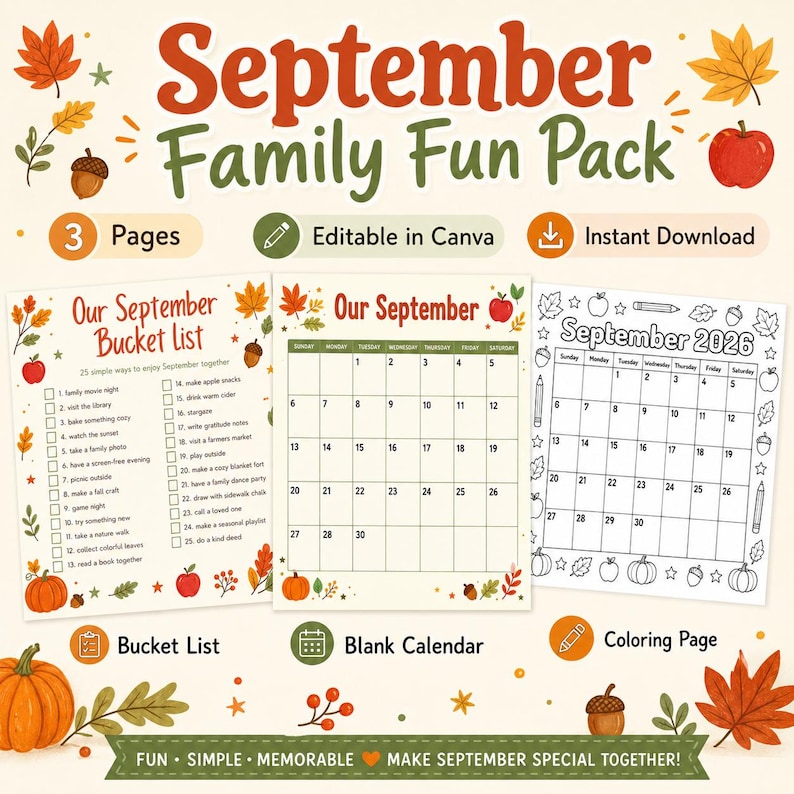September 2026 Family Bucket List & Editable Calendar: Fall Activities ...