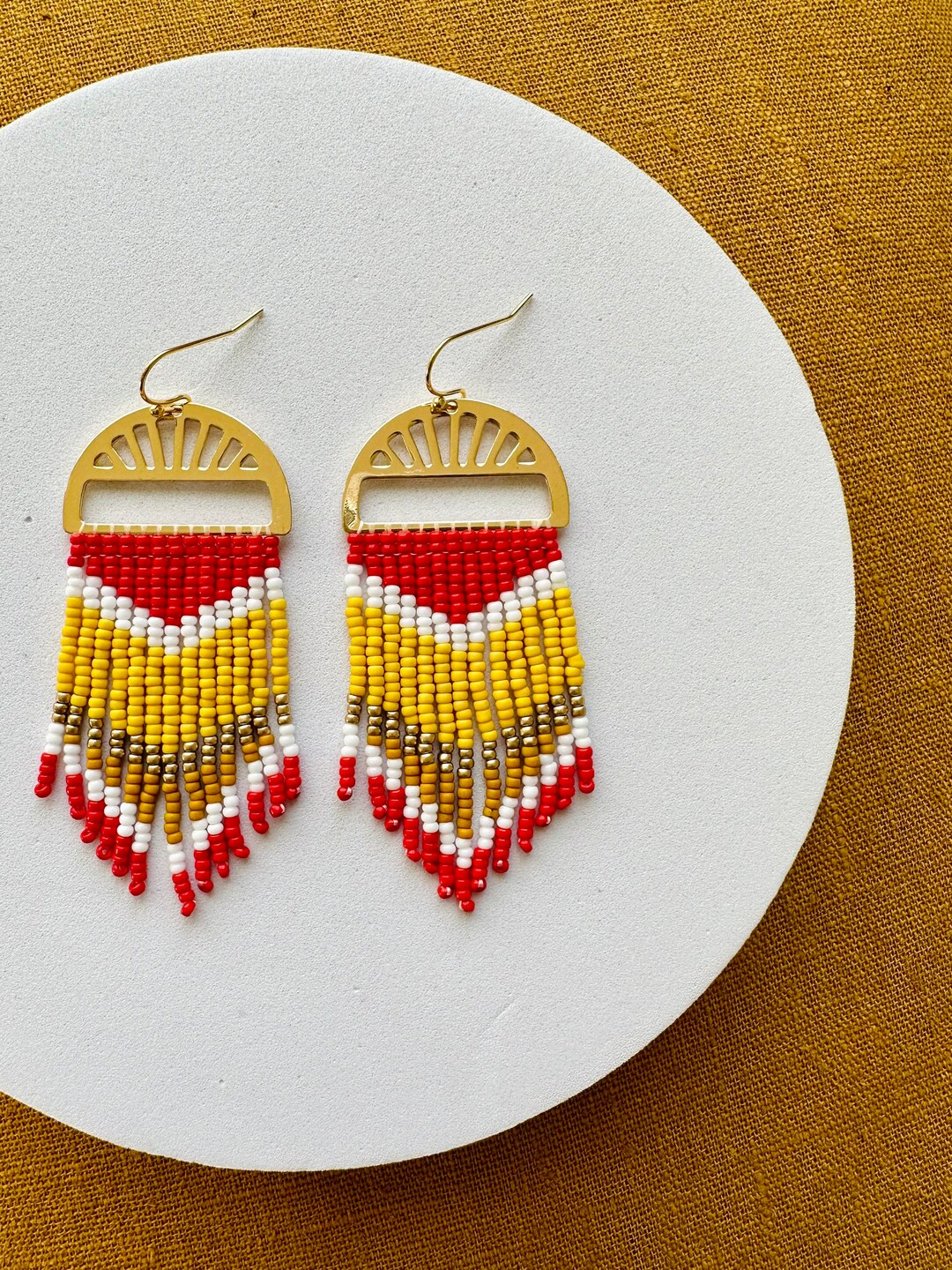 Handmade Seed Bead Earrings by Modish / Red, Gold, Yellow, White - Etsy