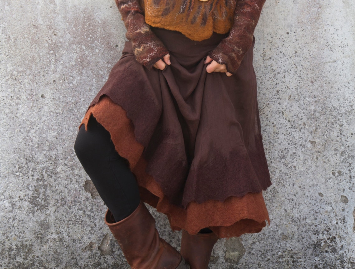 Rustic Brown Felted Wrap Skirt, Earthy Nuno Felt Gypsy Skirt, Unique ...