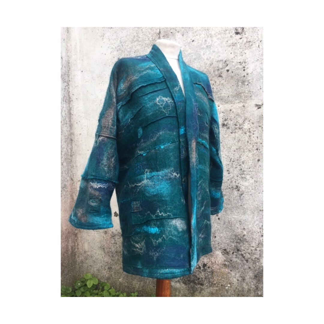 Merino Wool Duster Jacket, Mid-length Bohemian Coat, Teal Blue Nuno ...
