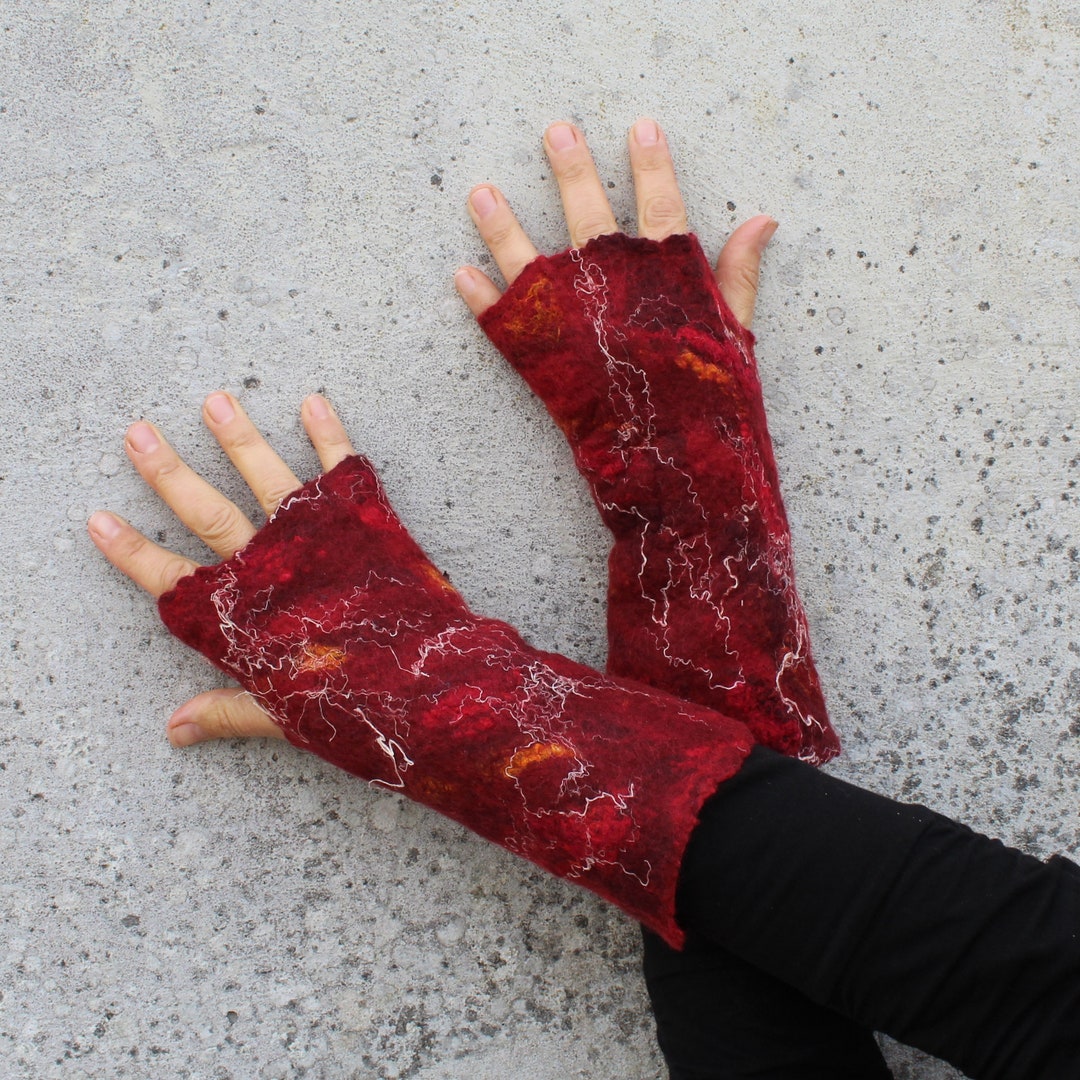 Hand Made Red Arm Warmers , Nuno Felt Cuffs ,wool Fingerless Gloves - Etsy
