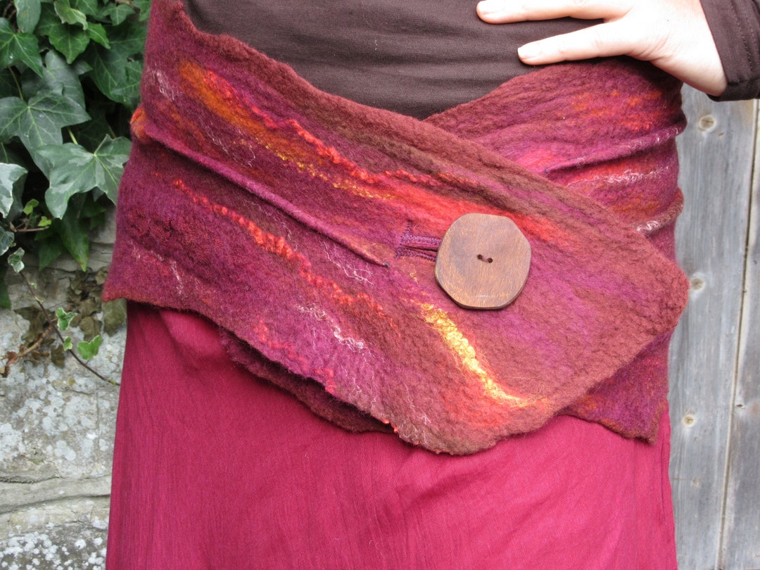 Wool Hippy Belt, Nuno Felt Kidney Belt, Red Woodland Pixie Belt, Earthy ...