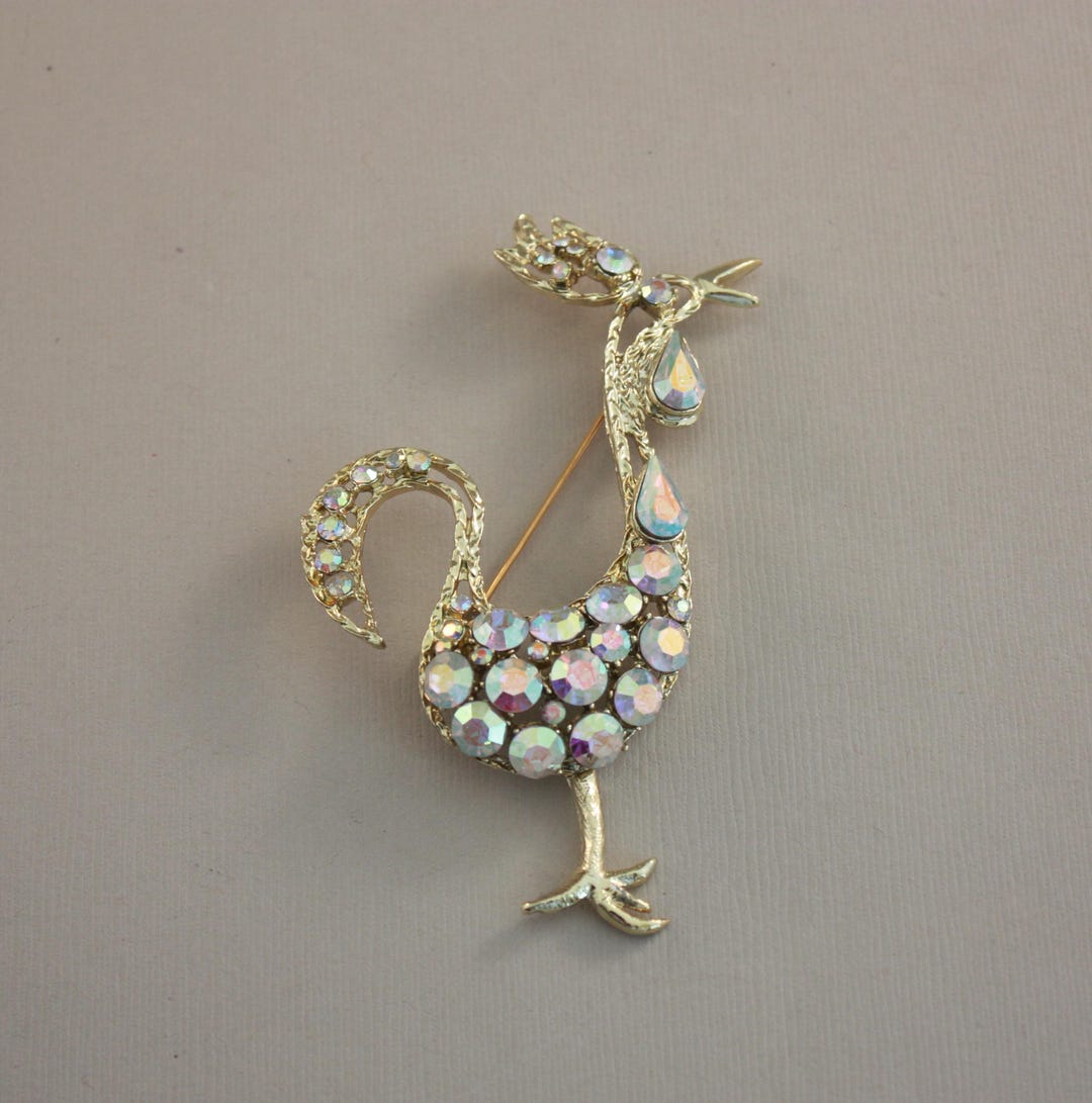 Vintage Rhinestone Rooster Pin With Aurora Borealis : Large Brooch - Etsy