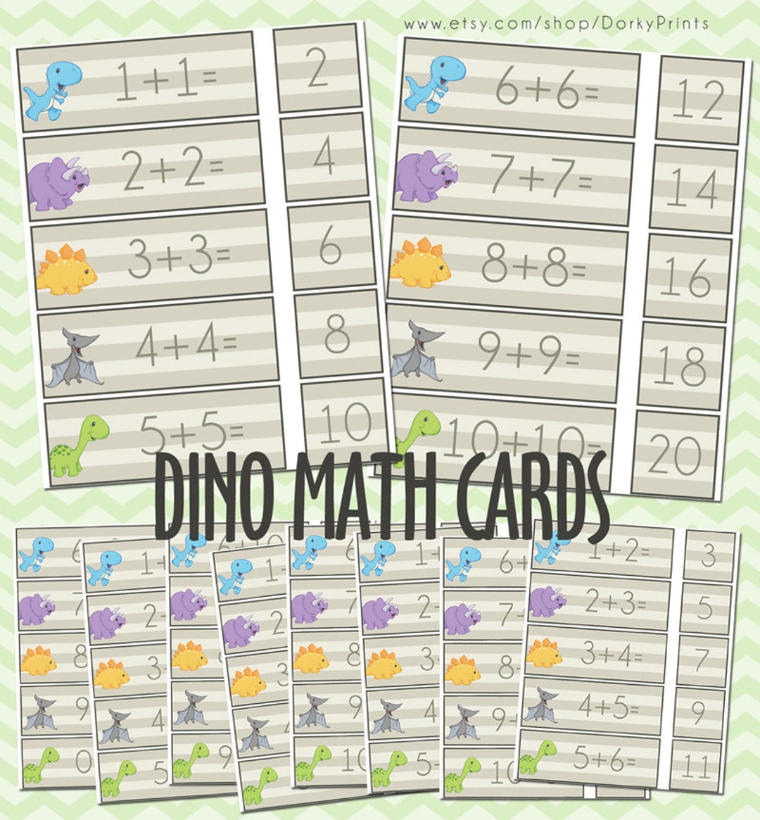 Printable Math Addition Cards PDF - Cute Dinosaurs - Kindergarten ...