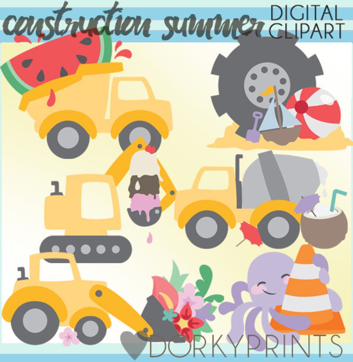 Summer Construction Vehicles Clipart personal and Limited | Etsy