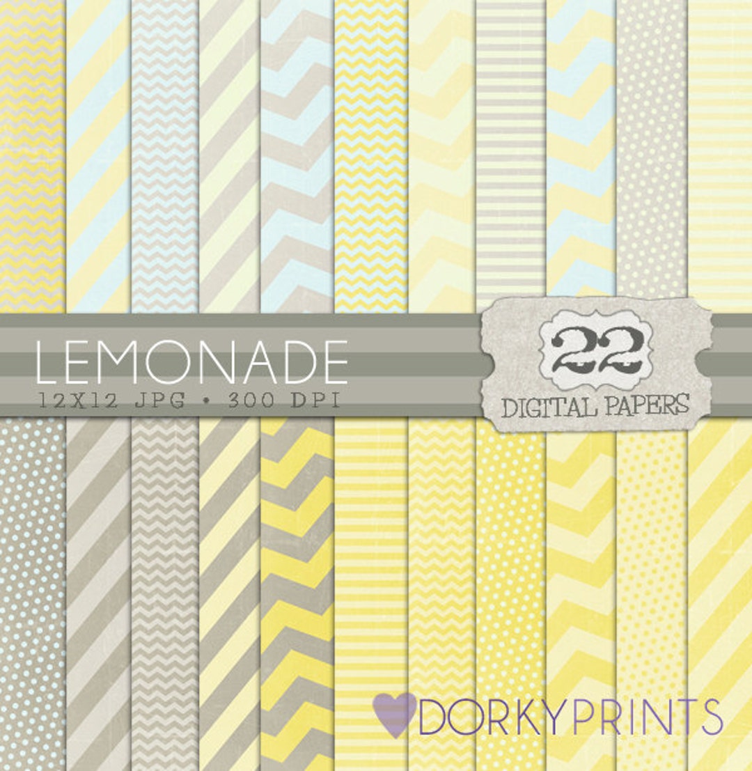 Lemonade Digital Paper Pack, Yellow Digital Paper, Yellow and Gray ...