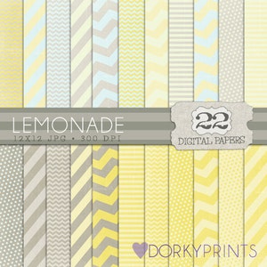 Lemonade Digital Paper Pack, Yellow Digital Paper, Yellow and Gray ...
