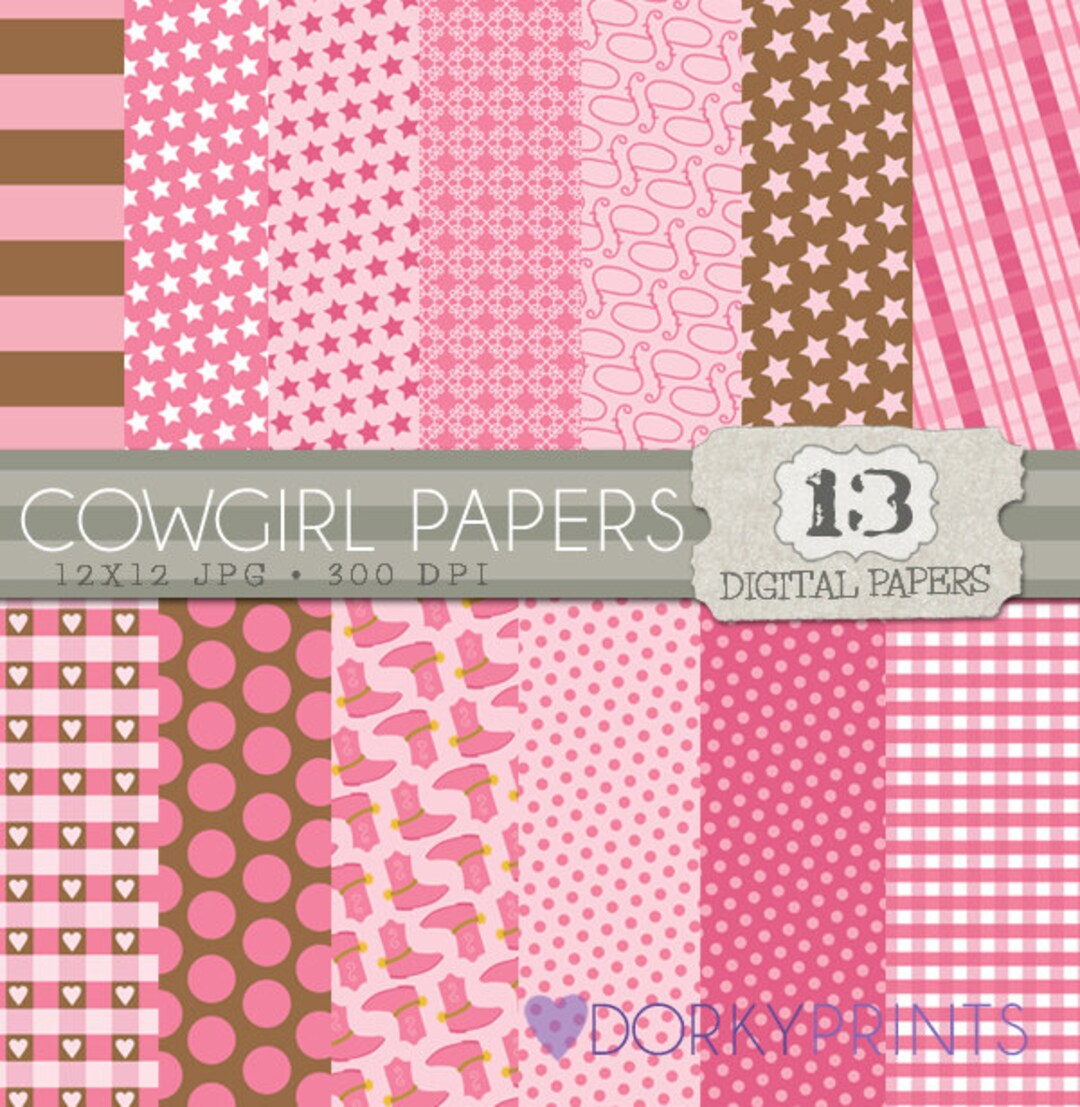 Cowgirl Digital Paper Pack, Pink and Brown Digital Paper, Gingham and ...
