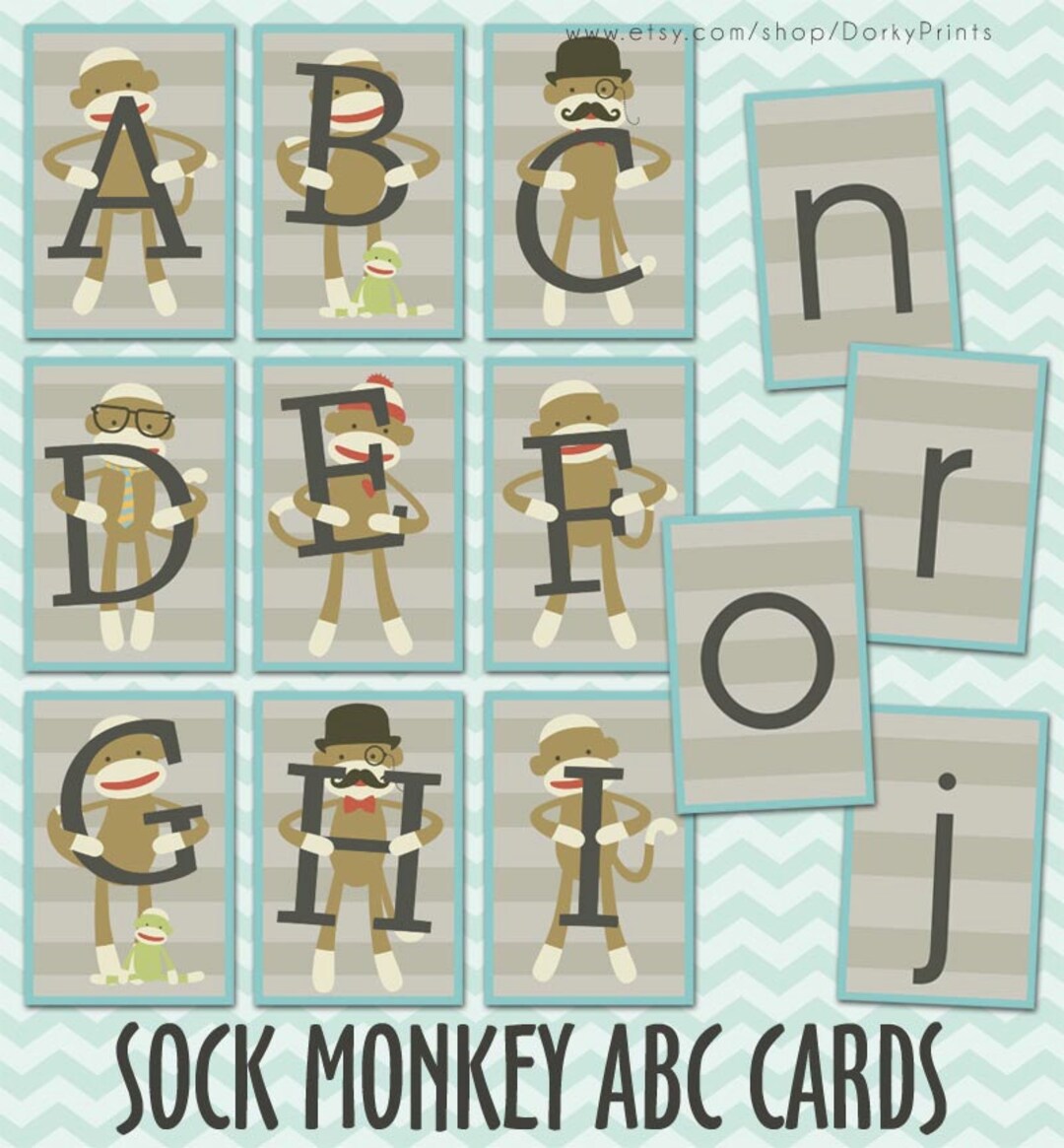 Sock Monkey Printable Alphabet Cards PDF - Kindergarten Printables ...