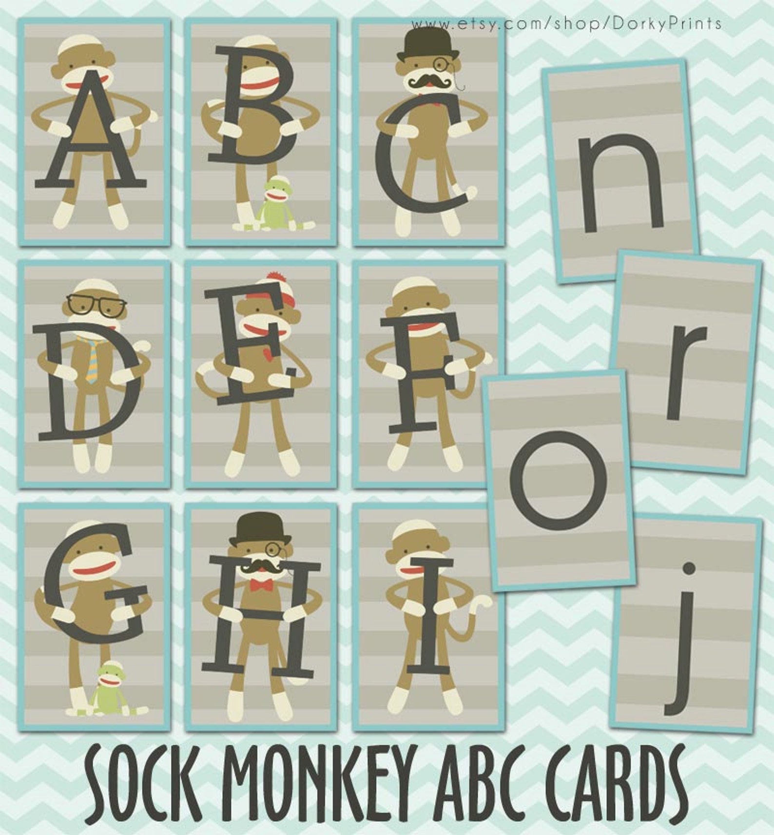 Sock Monkey Printable Alphabet Cards PDF - Kindergarten Printables ...