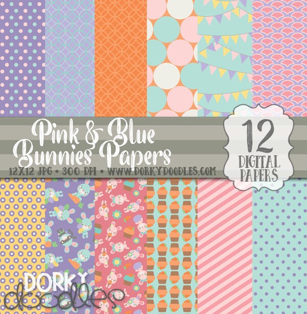 Easter Digital Paper Pack Cute Easter Bunnies Paper pink and | Etsy