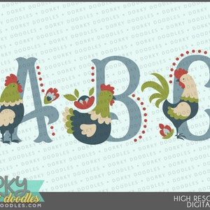 Folkart Chicken Alphabet Clipart -PNG Art- Instant Download - Numbers ...