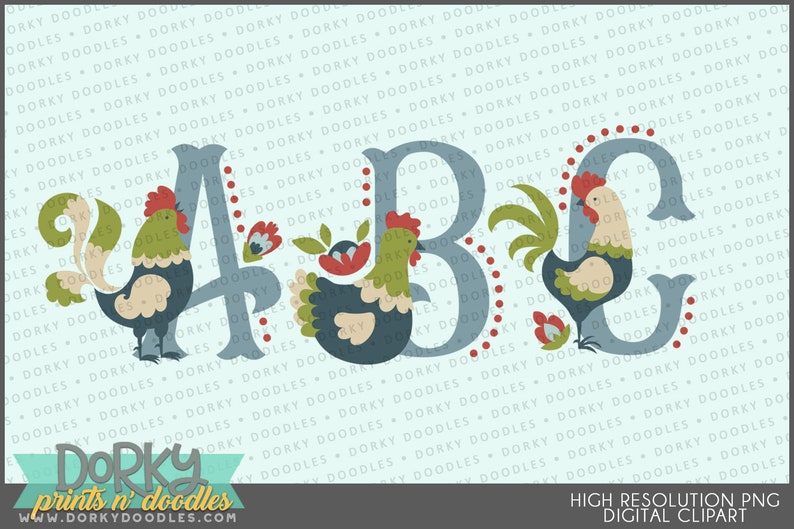 Folkart Chicken Alphabet Clipart PNG Art Instant Download - Etsy
