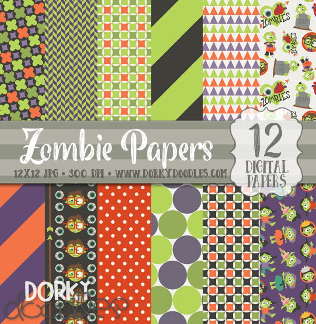 Zombies Paper Pack, Cute Halloween Digital Scrapbook Paper - Halloween ...