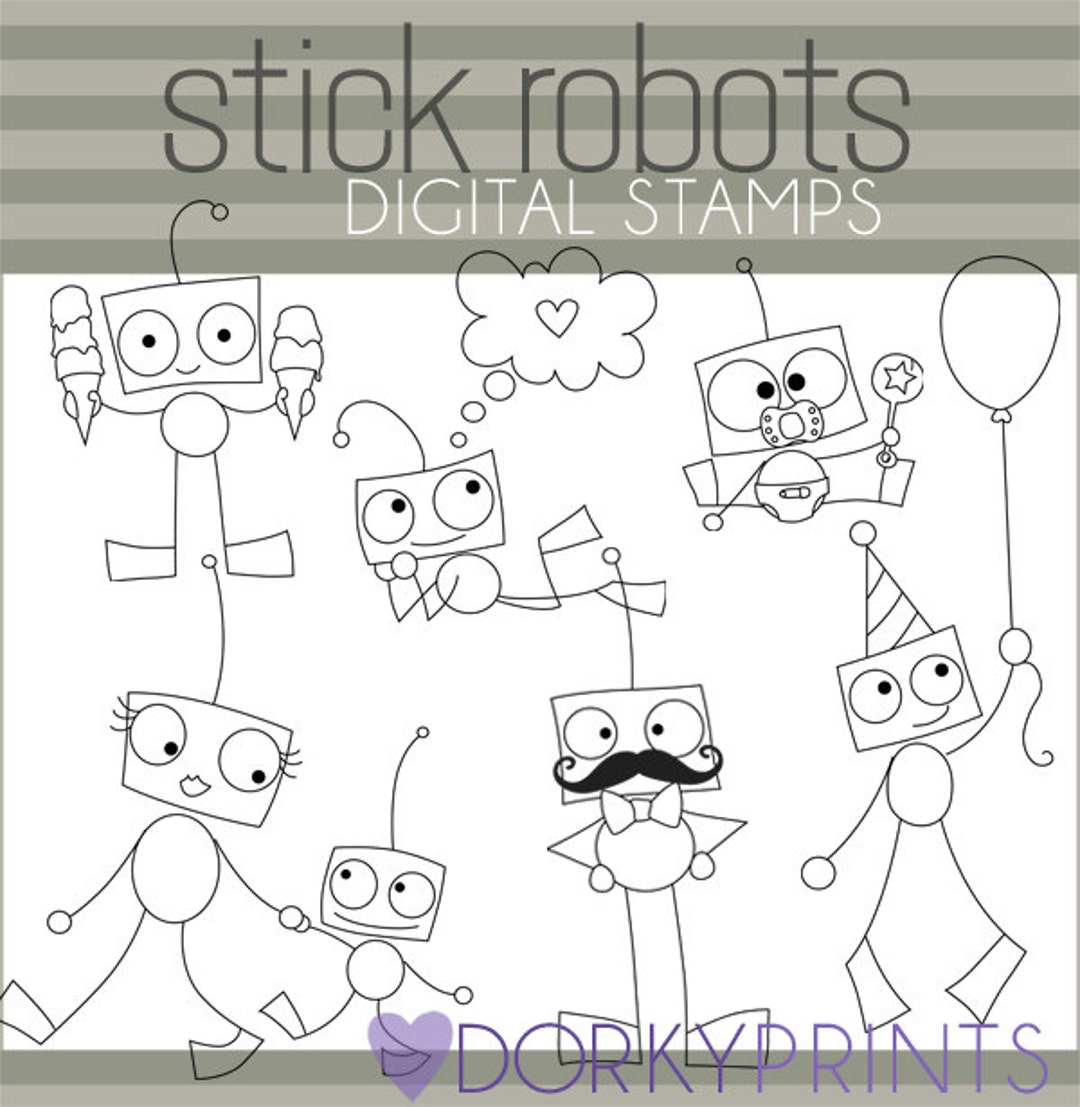 Robot Clipart -personal and Limited Commercial- Stick Robots Black Line ...
