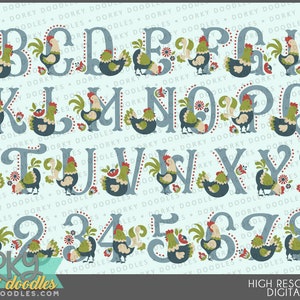 Folkart Chicken Alphabet Clipart -PNG Art- Instant Download - Numbers ...