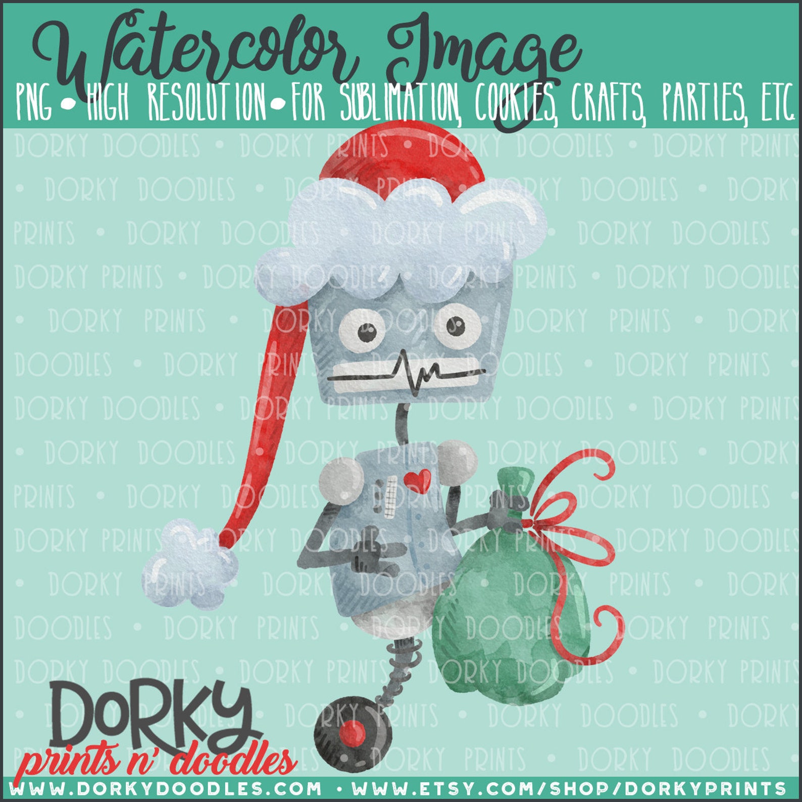 Santa Robot Watercolor PNG Artwork Digital File for Heat - Etsy