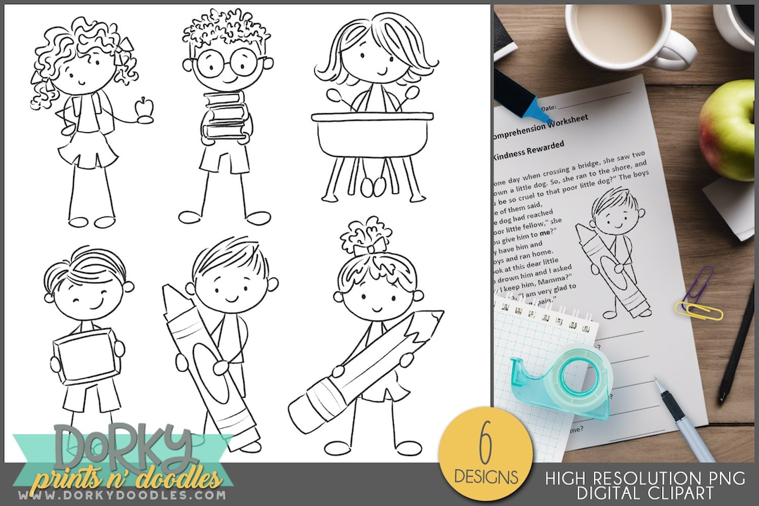 Cute School Kids Black and White Line Clipart - Classroom, Teacher ...