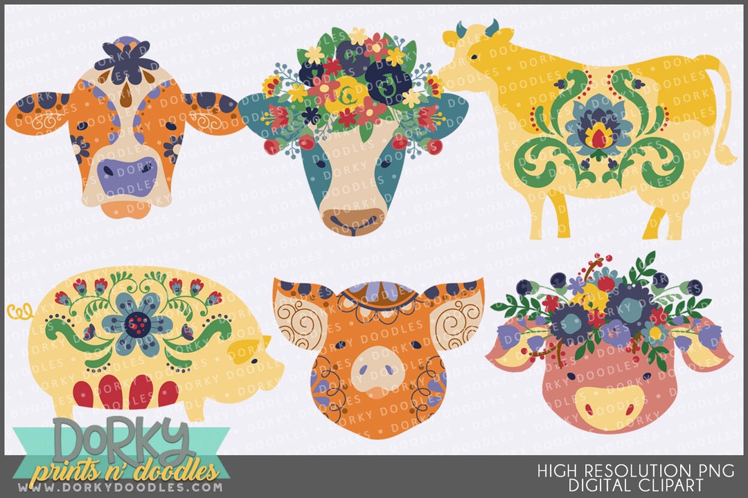 Folk Art Cows and Pigs Clipart personal and Limited Commercial Use Fun ...