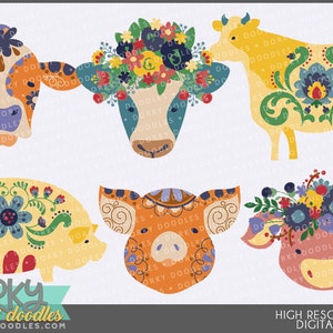 Folk Art Cows and Pigs Clipart -personal and Limited Commercial Use ...