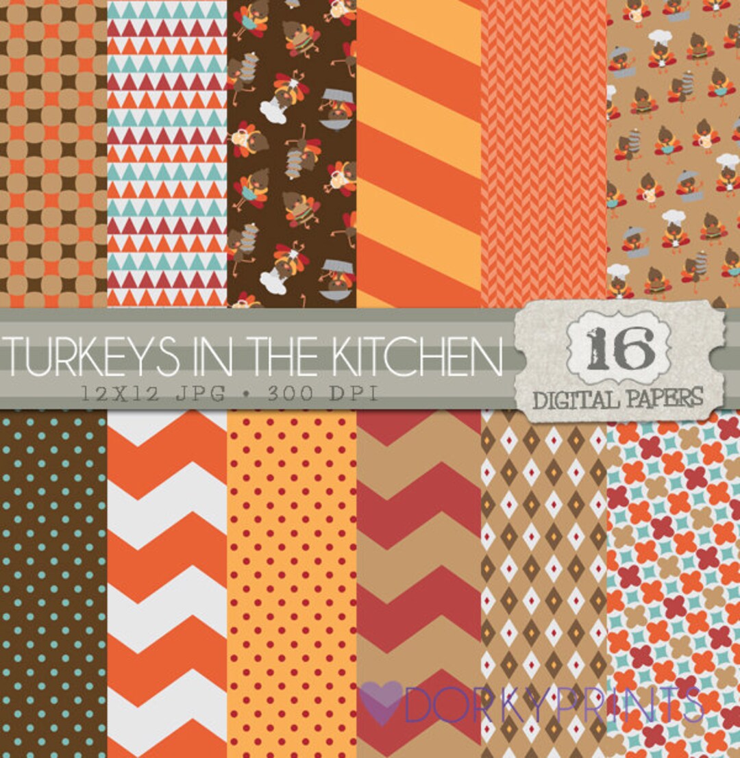 Thanksgiving Paper Pack, Cute Turkey Digital Scrapbook Paper ...