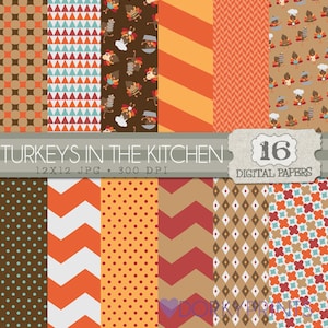 Thanksgiving Paper Pack, Cute Turkey Digital Scrapbook Paper ...