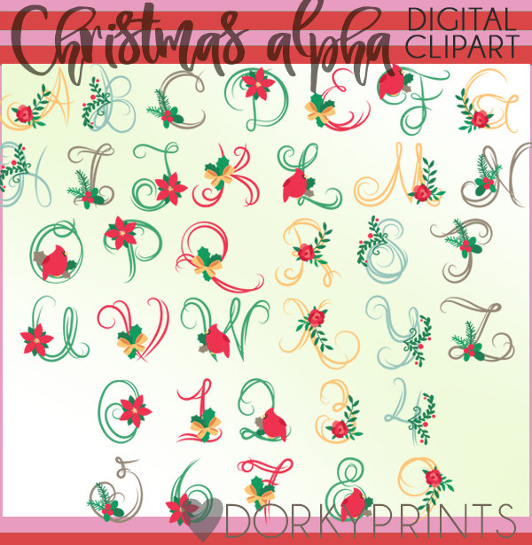 Christmas Clipart Script Alphabet and Numbers personal and - Etsy