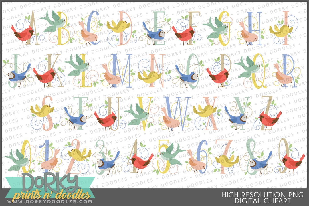 Pretty Bird Alphabet Clipart -PNG Art- Instant Download - Numbers ...