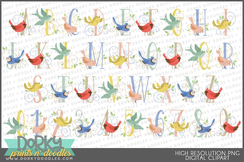 Pretty Bird Alphabet Clipart PNG Art Instant Download - Etsy