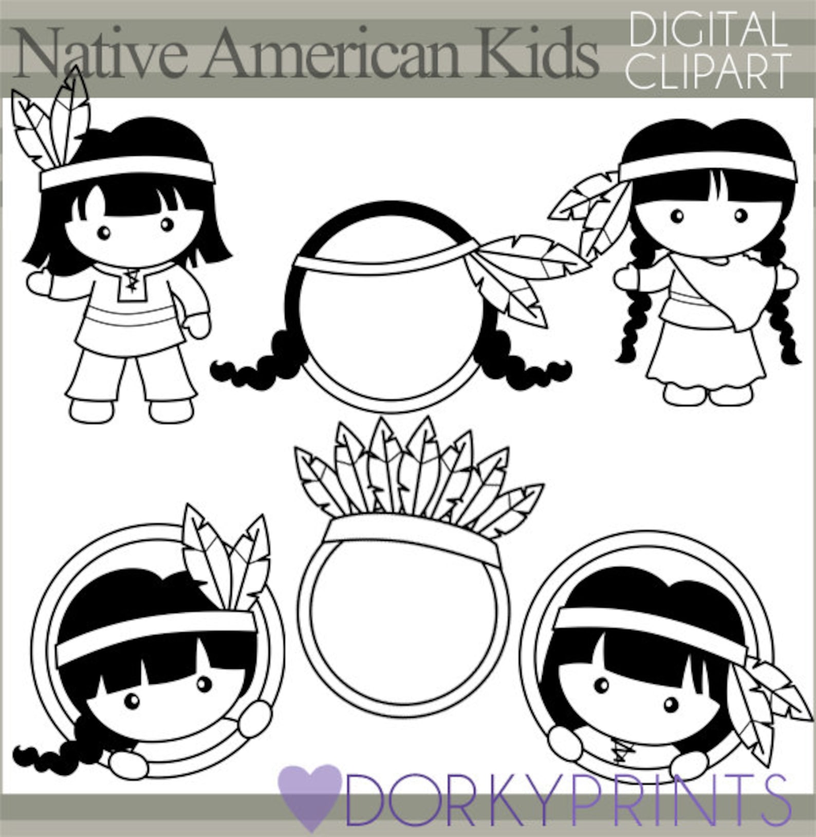 Thanksgiving Clipart Native American Kids personal and - Etsy