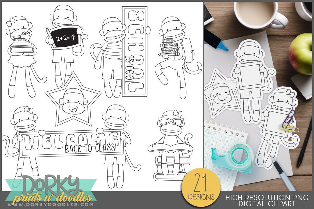 Sock Monkey Back to School Black and White Clipart | Designs for ...