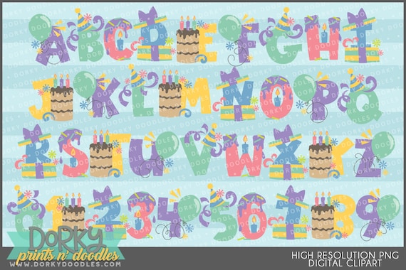 Birthday Clip Art Letters Alphabet Bright Doodle Letters PNG Bundle,