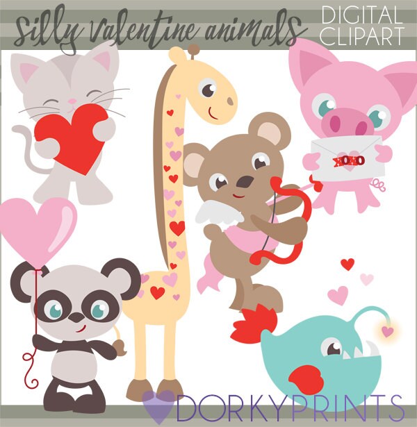 Valentine Clipart Silly Animals Valentines Personal and | Etsy