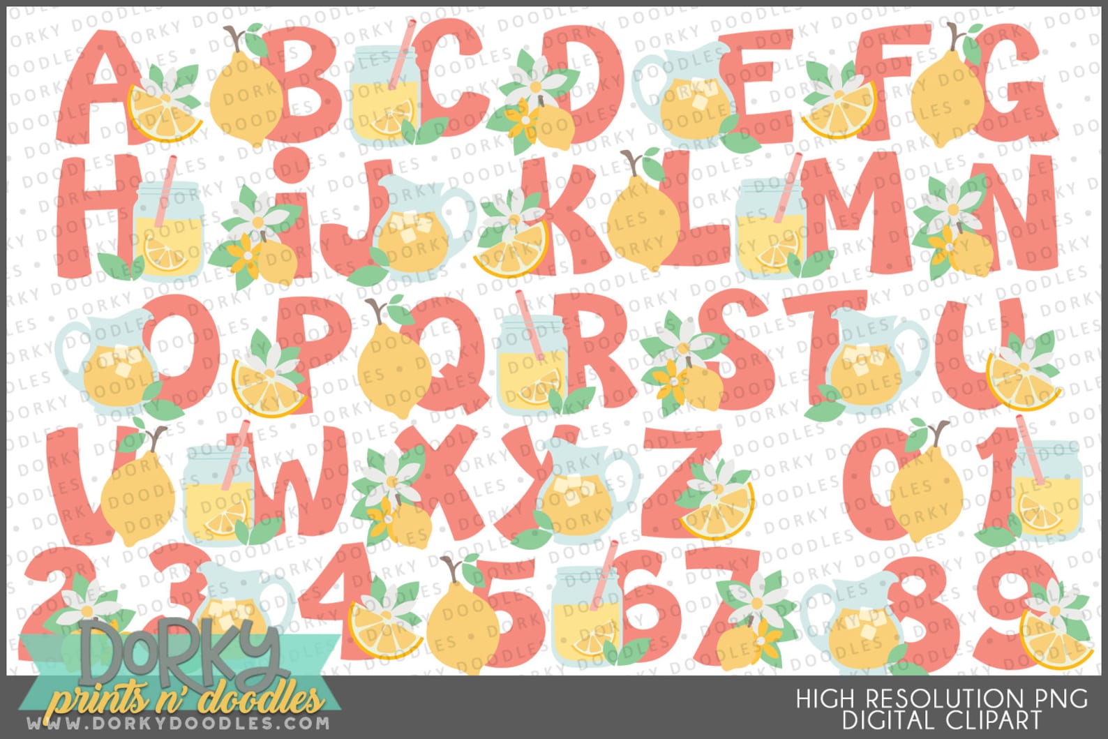Cute Lemonade Alphabet and Numbers Clipart - Fun Summer Monogram PNG ...