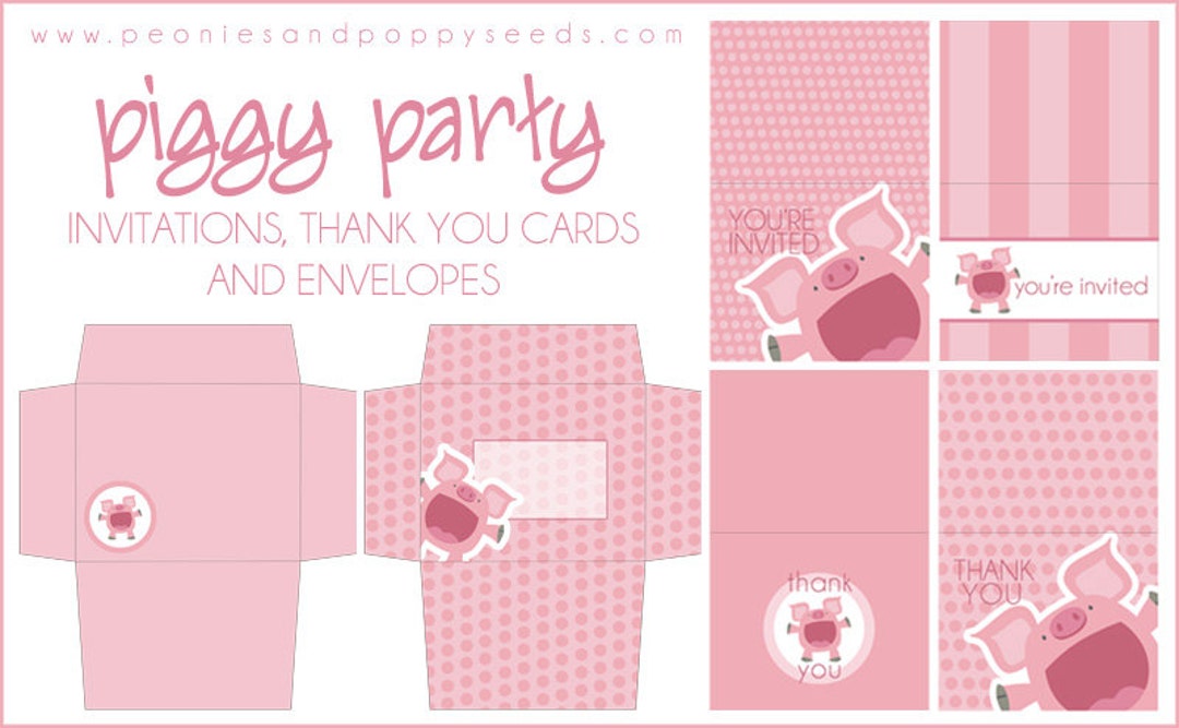 Pig Cards and Envelopes Printable PDF - Printable Party Supplies - Pink ...