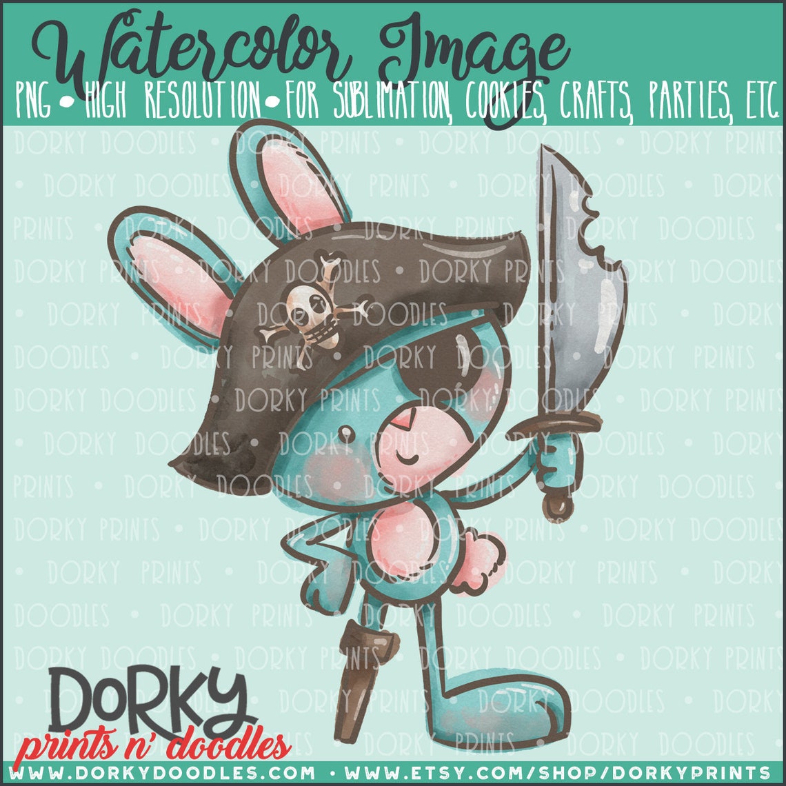Pirate Bunny Watercolor PNG Artwork Digital File for heat | Etsy