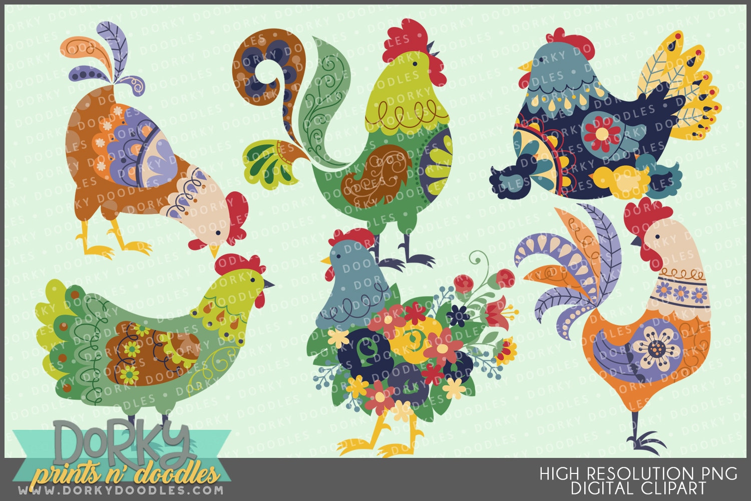 Folk Art Chickens and Rooster Clipart personal and Limited - Etsy