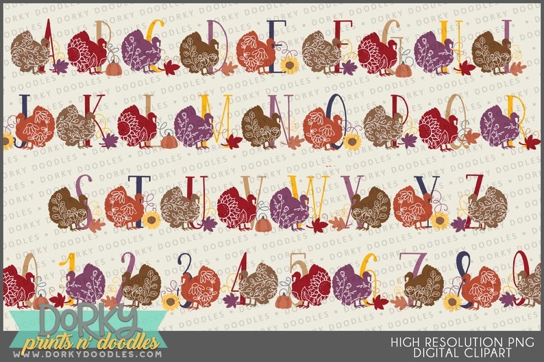 Thanksgiving Clipart Turkey Alphabet and Numbers personal and - Etsy
