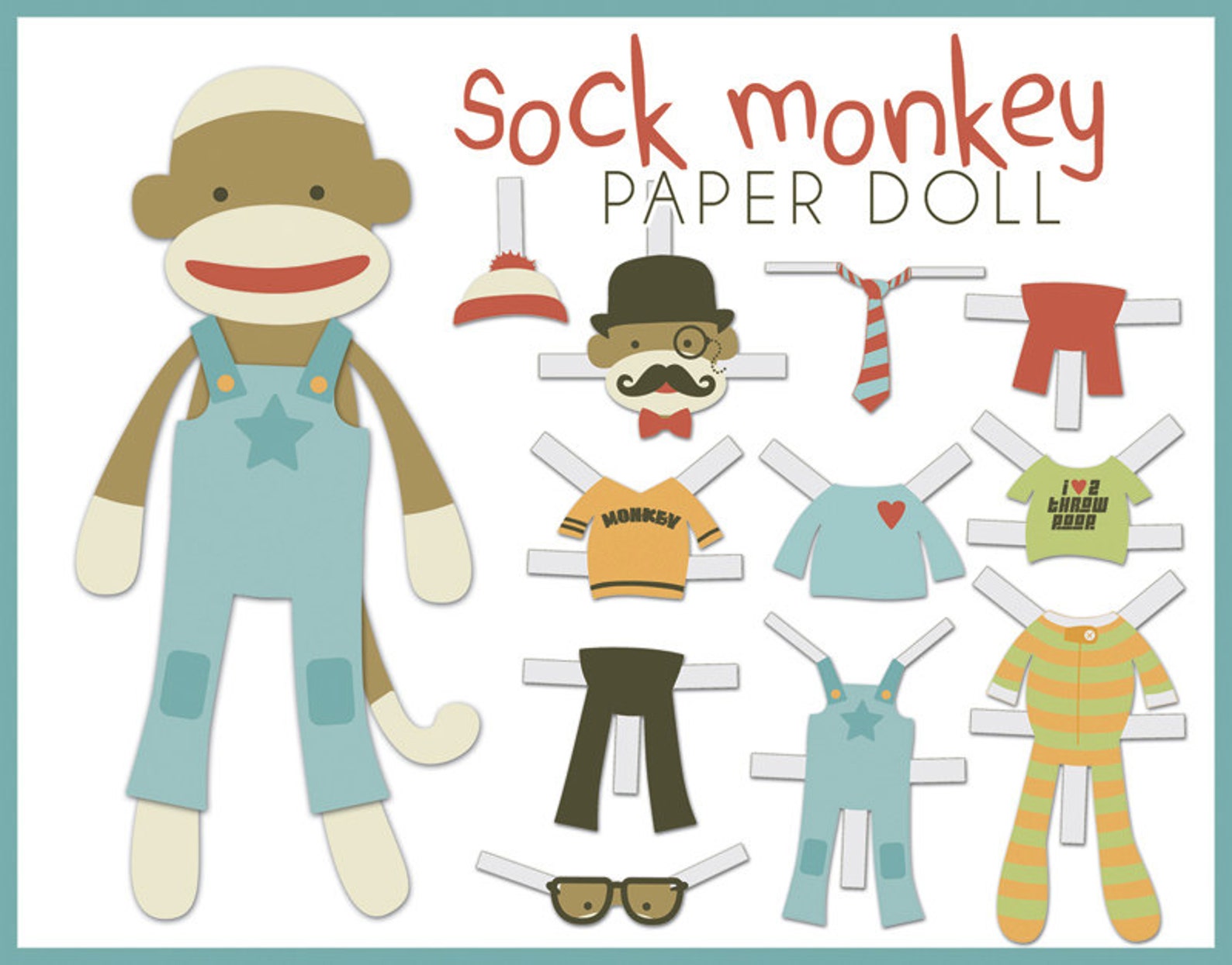 Sock Monkey Paper Doll PDF Printable Paper Dolls Fun Sock - Etsy