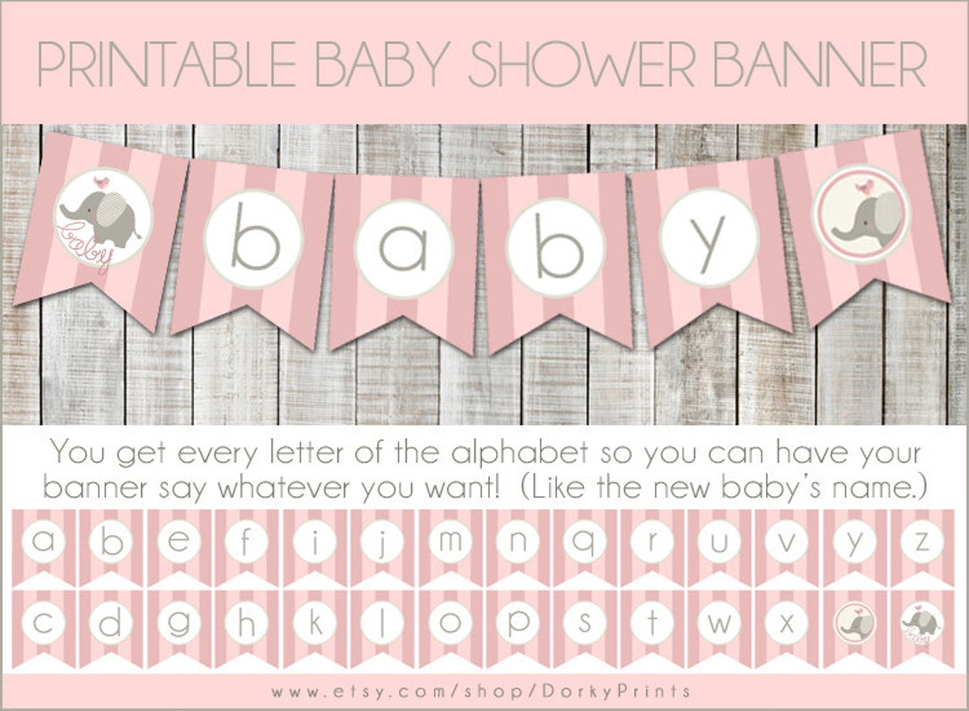 Pink Elephant Baby Shower Printable Banner PDF - Printable Party ...