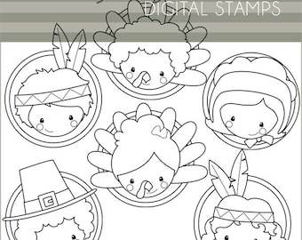 Thanksgiving Clip Art Digital Stamps Pilgrims Native - Etsy