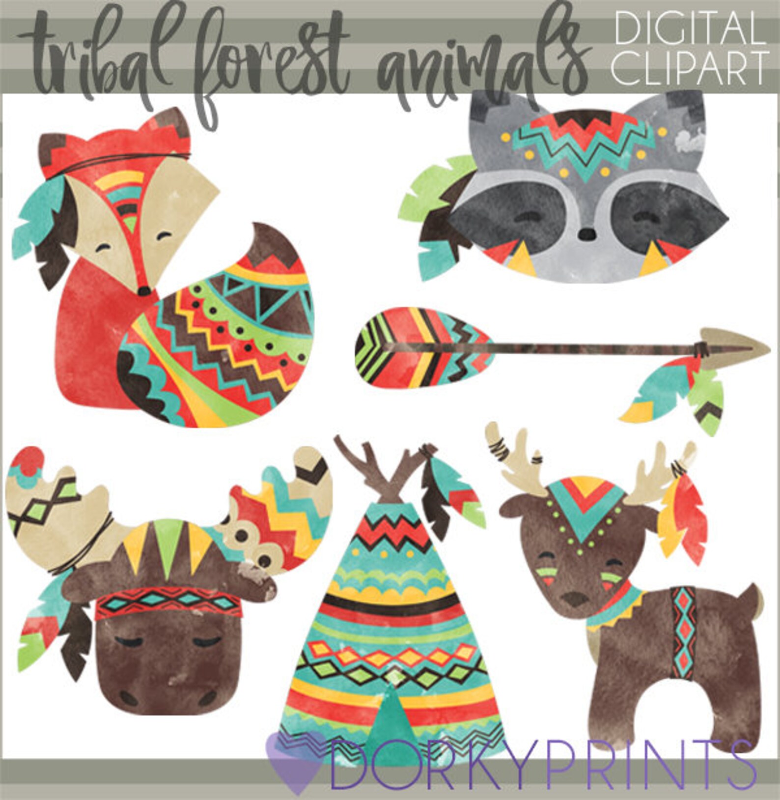 Tribal Animals Watercolor PNG Clipart Personal and Limited | Etsy