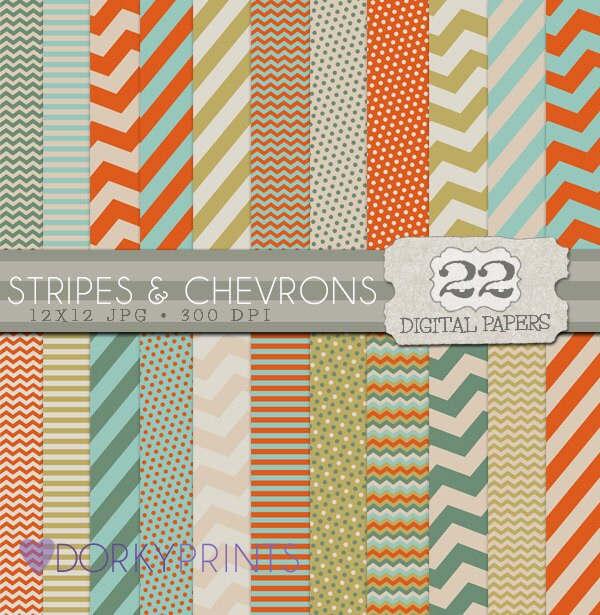 Stripes and Chevrons Digital Paper Pack Orange and Teal | Etsy