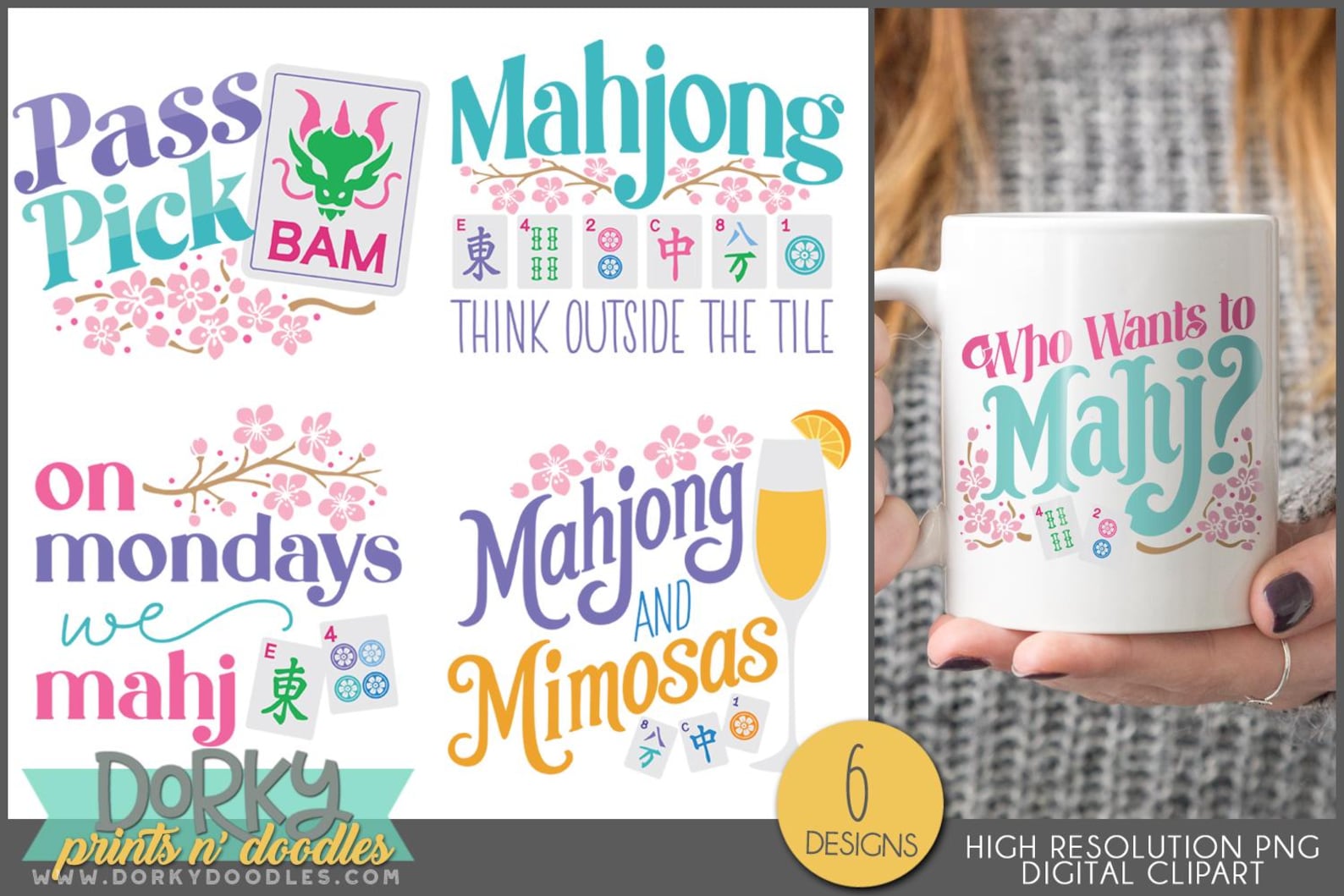 Mahjong Sayings Clipart | 6 Girly Word Art Designs in Pink, Purple, and ...