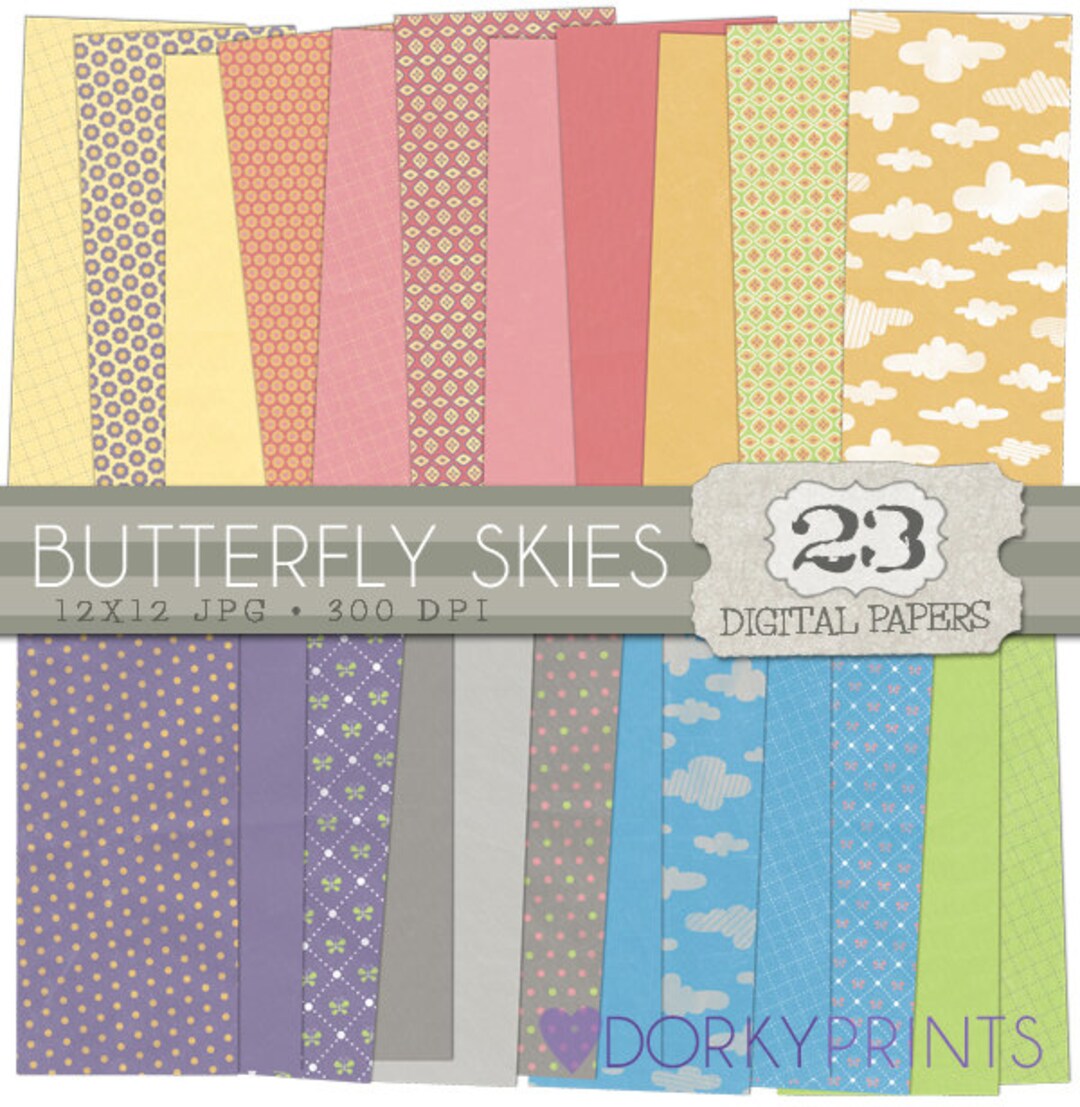 Butterfly Digital Paper, Butterflies Clouds Digital Scrapbook Paper ...