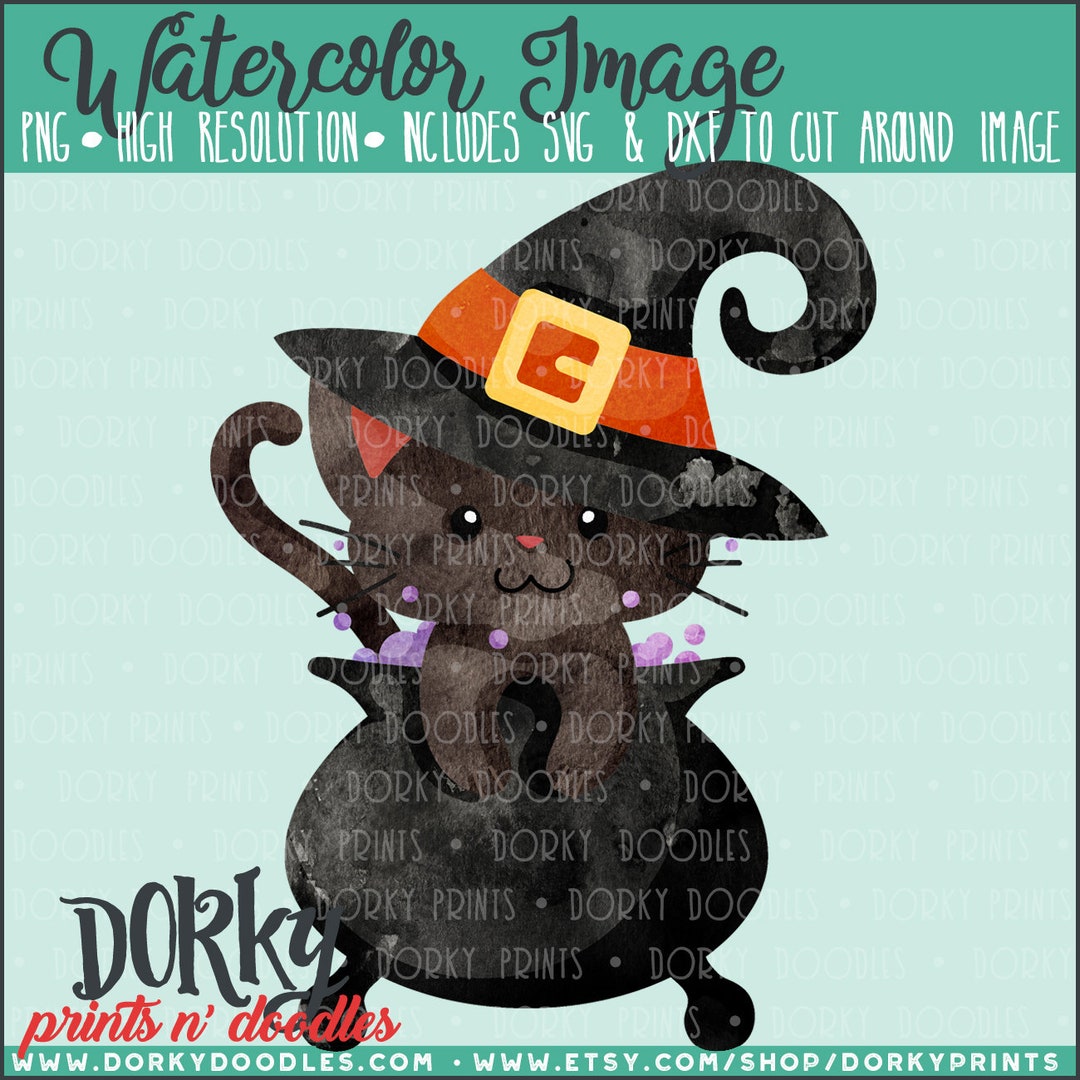 Witch Cat Halloween Clipart - Watercolor Style Kitty - Cute Graphics ...