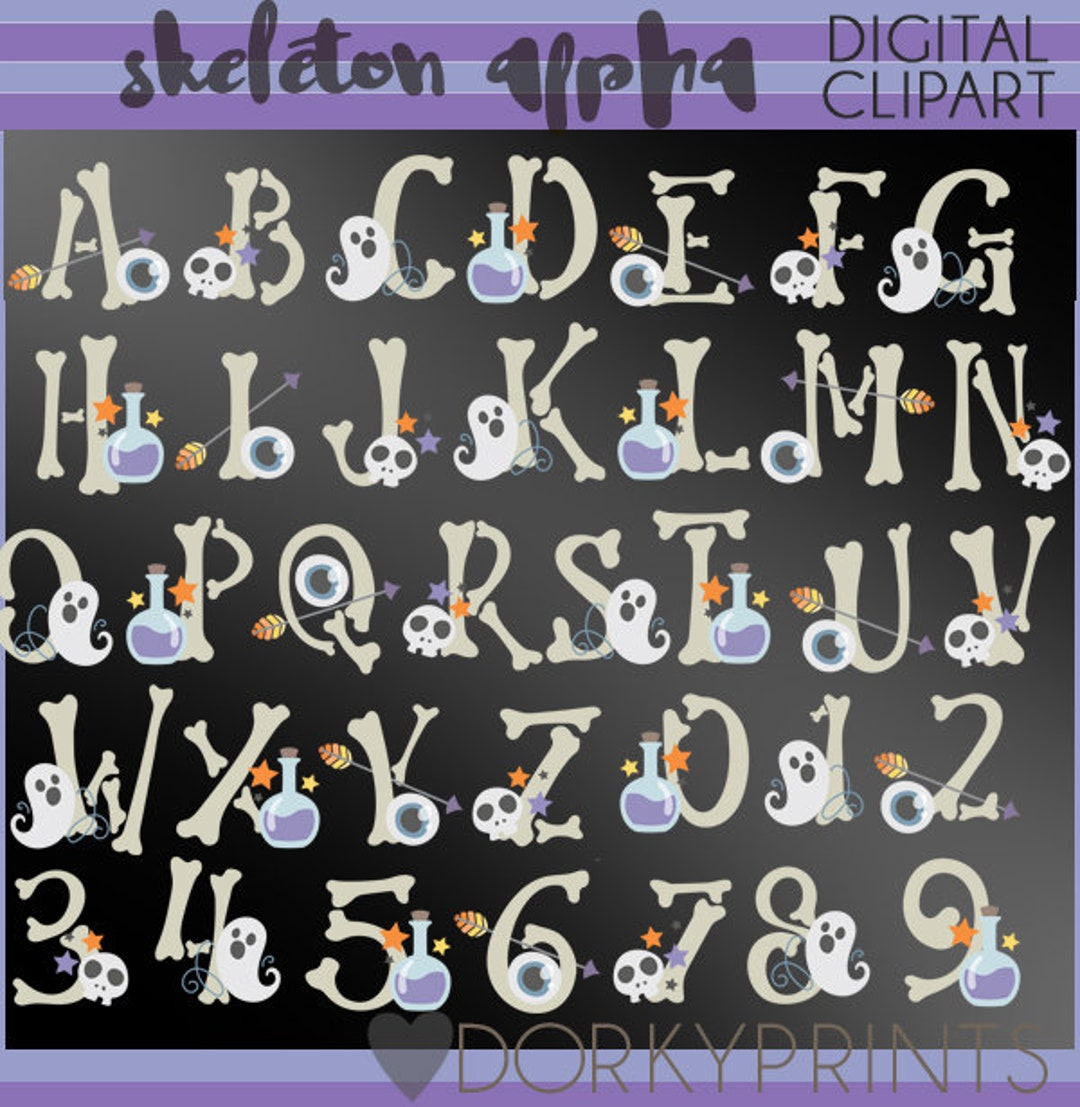 Halloween Clipart Skeleton Alphabet - Digital PNG Art - Fun Monogram ...